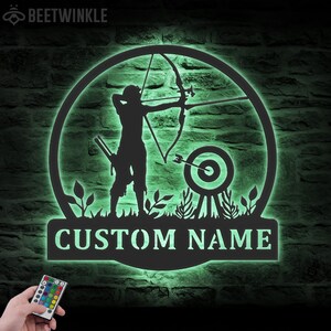 Custom Archery Metal Wall Art LED Light Personalized Archer Name Sign ...