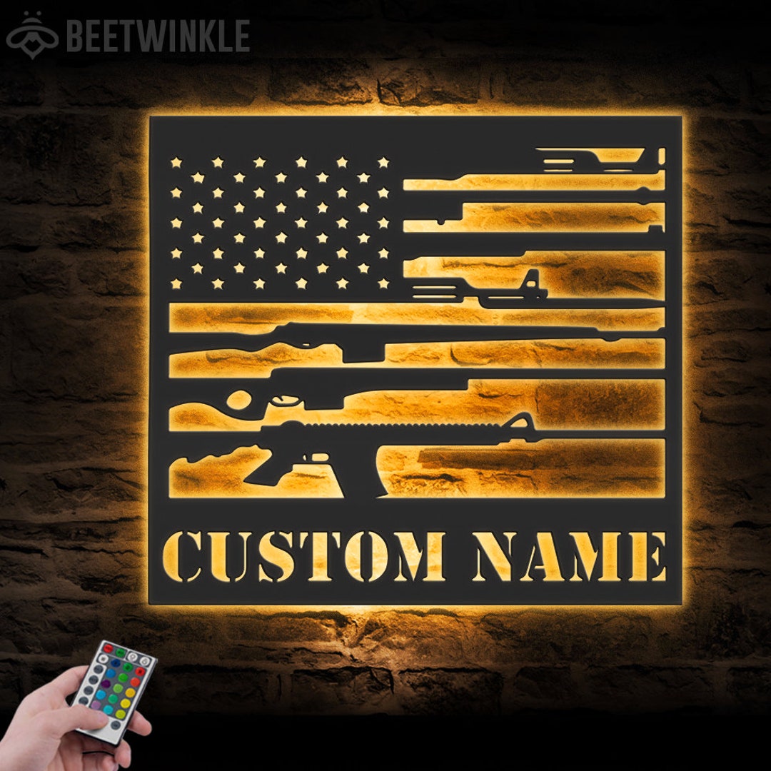 Custom Gun American Flag Metal Wall Art LED Light Personalized Second ...