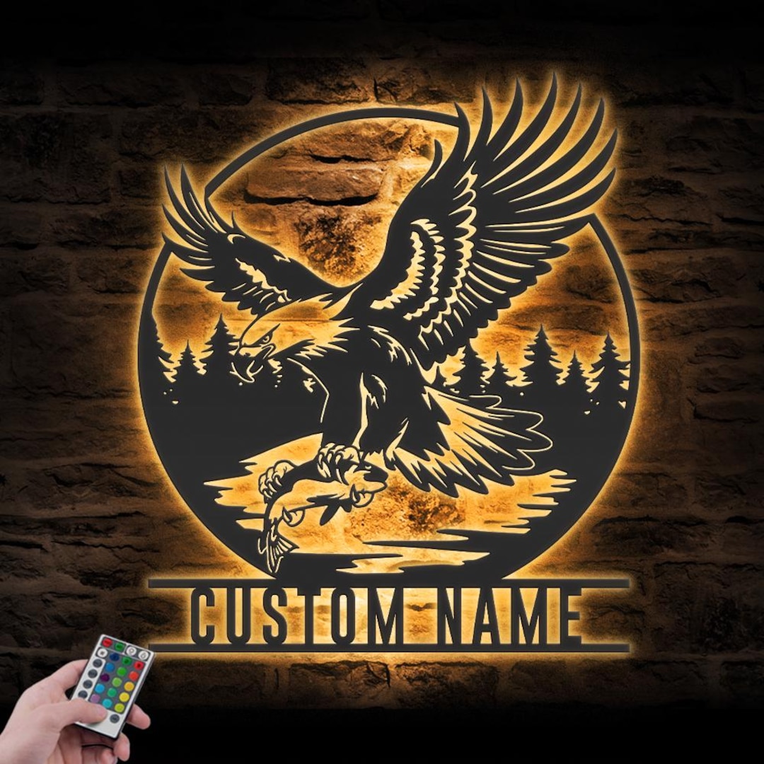 Custom Eagle Metal Wall Art LED Light Personalized Bald Eagle Name Sign ...