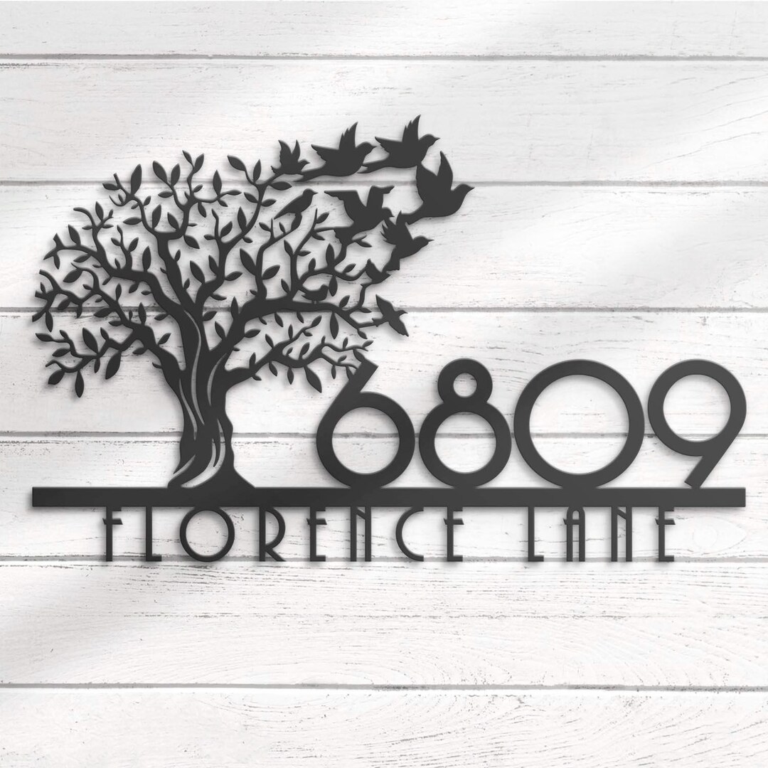 Custom Tree Bird Flying House Number Metal Address Sign Personalized ...