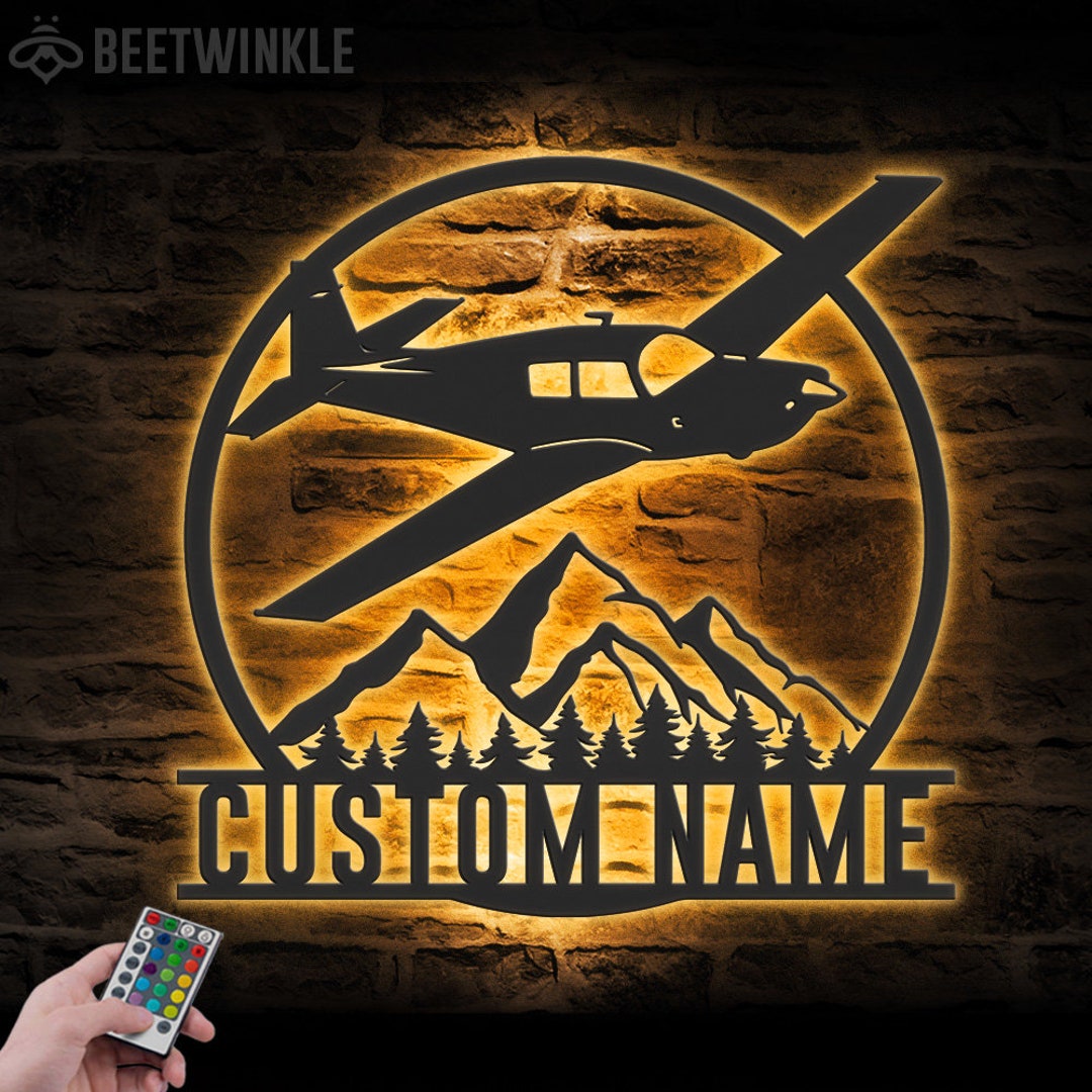 Custom Airplane Metal Wall Art LED Light Personalized Pilot Name Sign ...