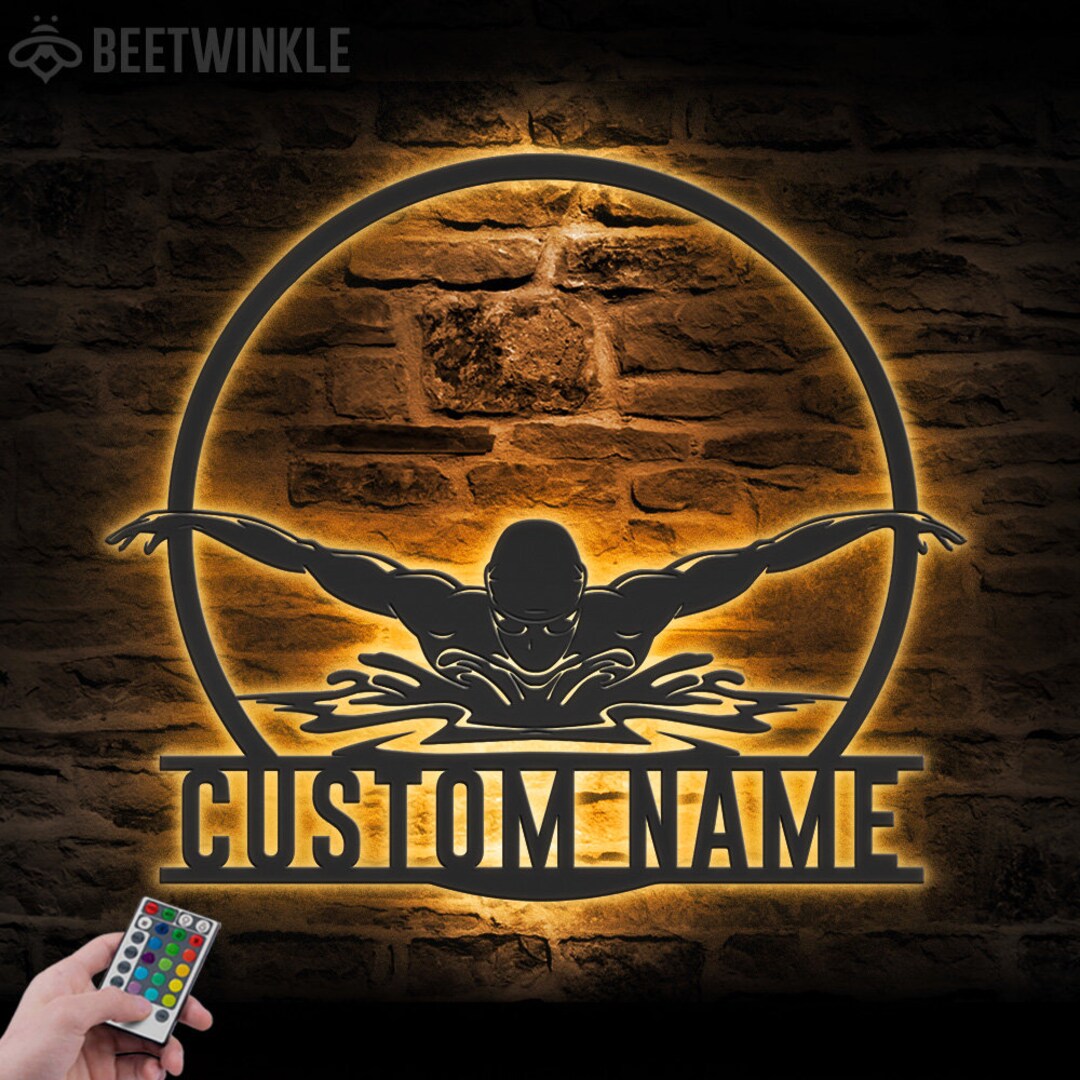 Custom Man Swimmer Metal Wall Art LED Light Personalized Swimming ...