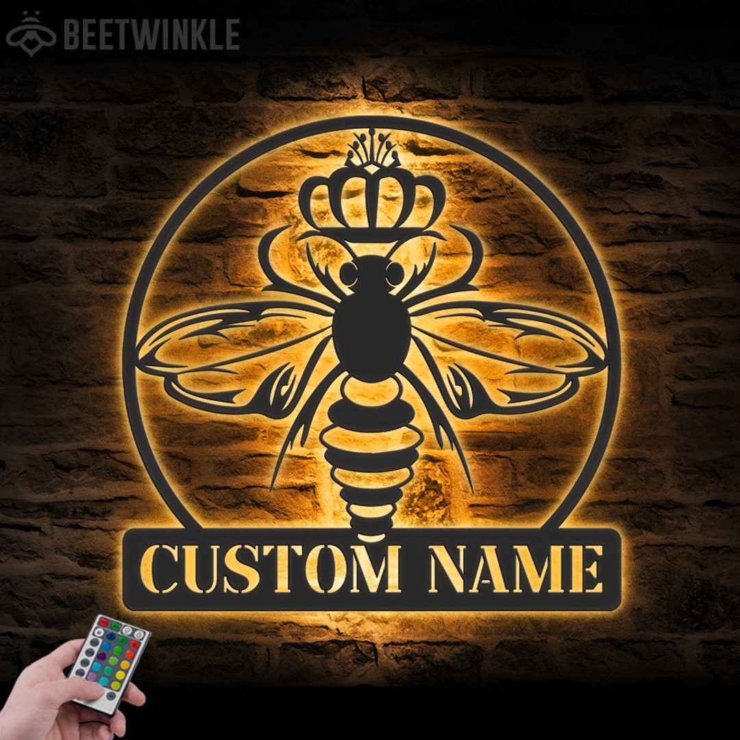 Custom Queen Bee Metal Wall Art LED Light Personalized Beekeeper Name ...