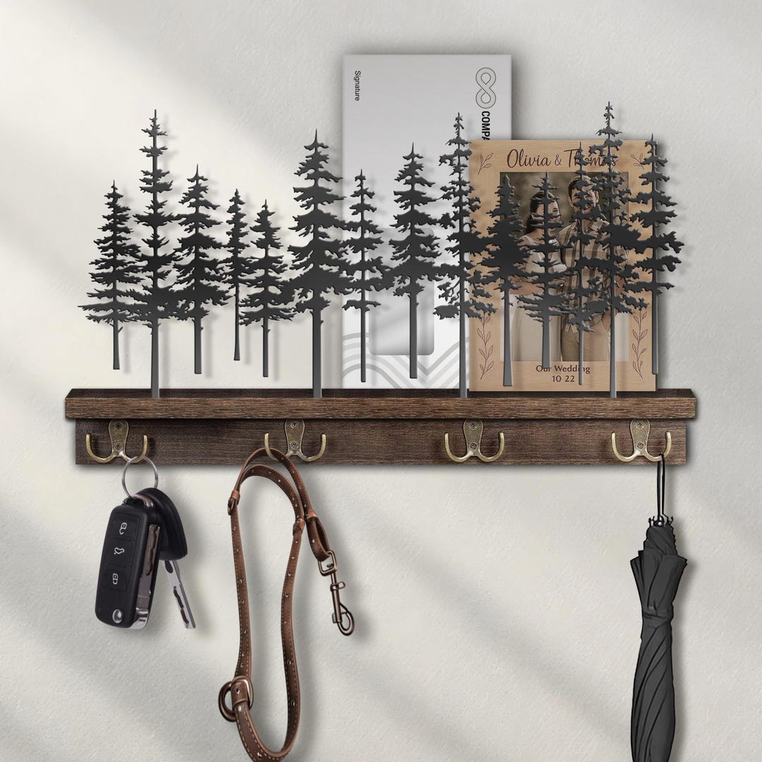 Nature Wispy Pine Tree Metal Wooden Key Holder Shelf Cedar Tree Wall ...