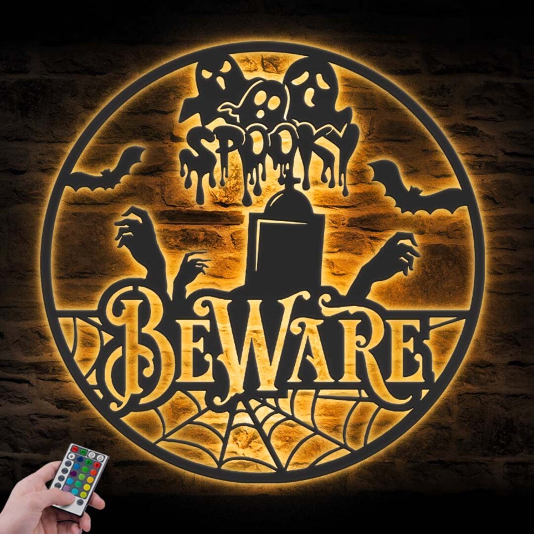 Beware Spooky Halloween Metal Wall Art With Led Lights Ghost Sign Home ...
