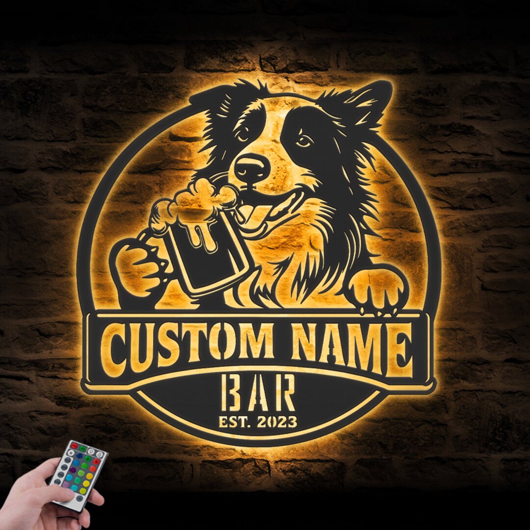 Custom Border Collie Thirsty Beer Pub Metal Wall Art LED Light ...