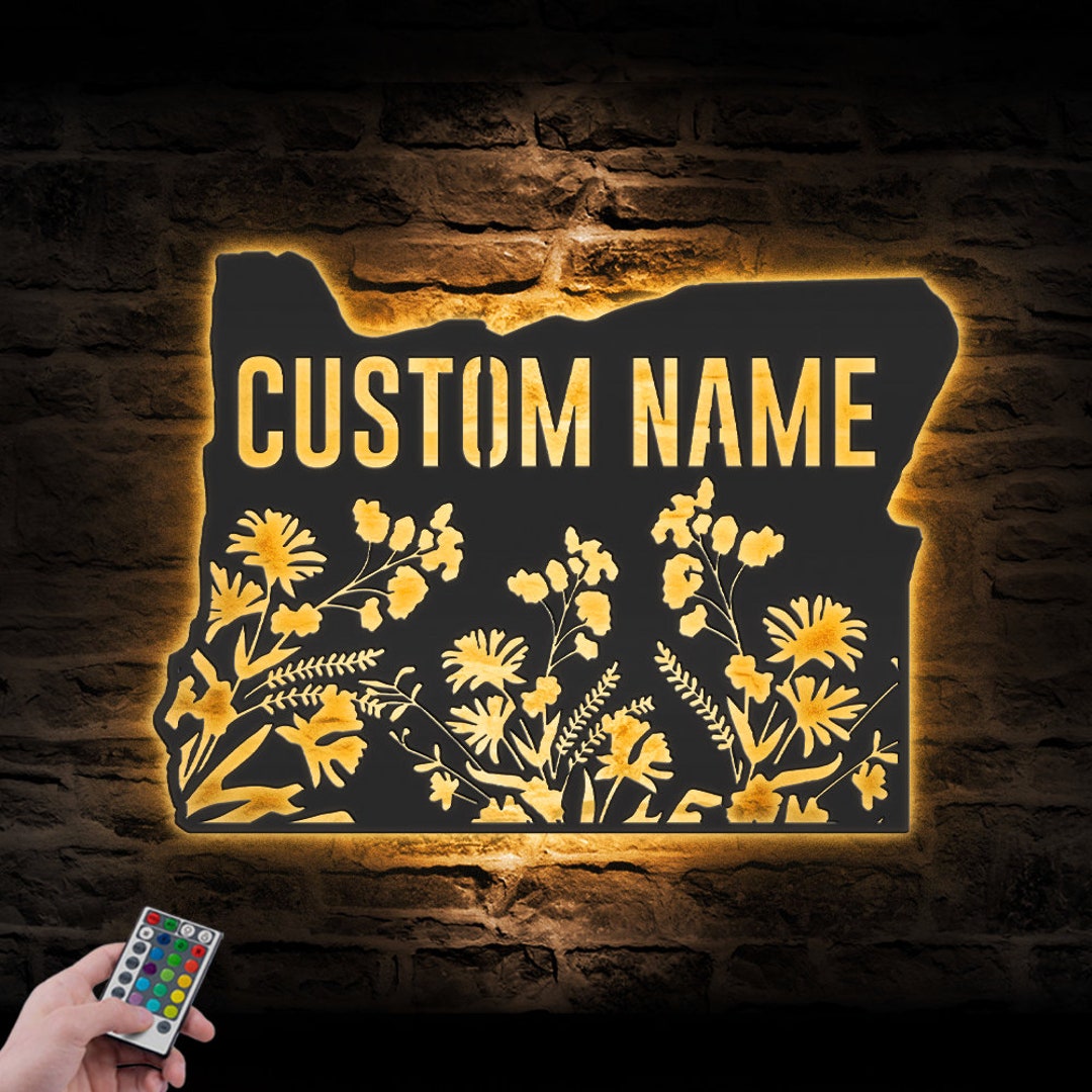Custom Wild Flower Oregon State Metal Wall Art LED Light Personalized ...