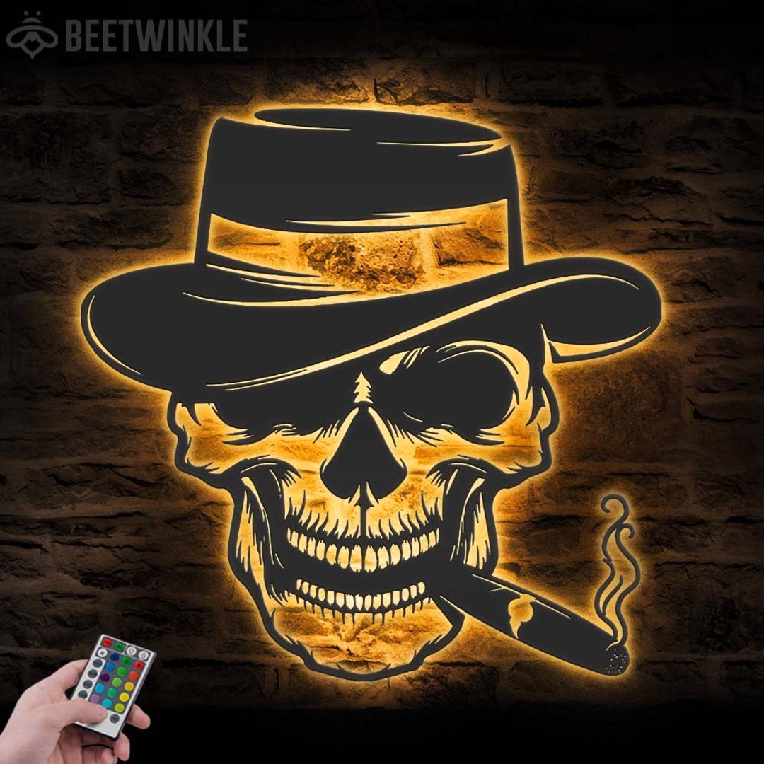 Gangter Sugar Skull Cigar Metal Wall Art LED Light Skull Smoking Cigar ...