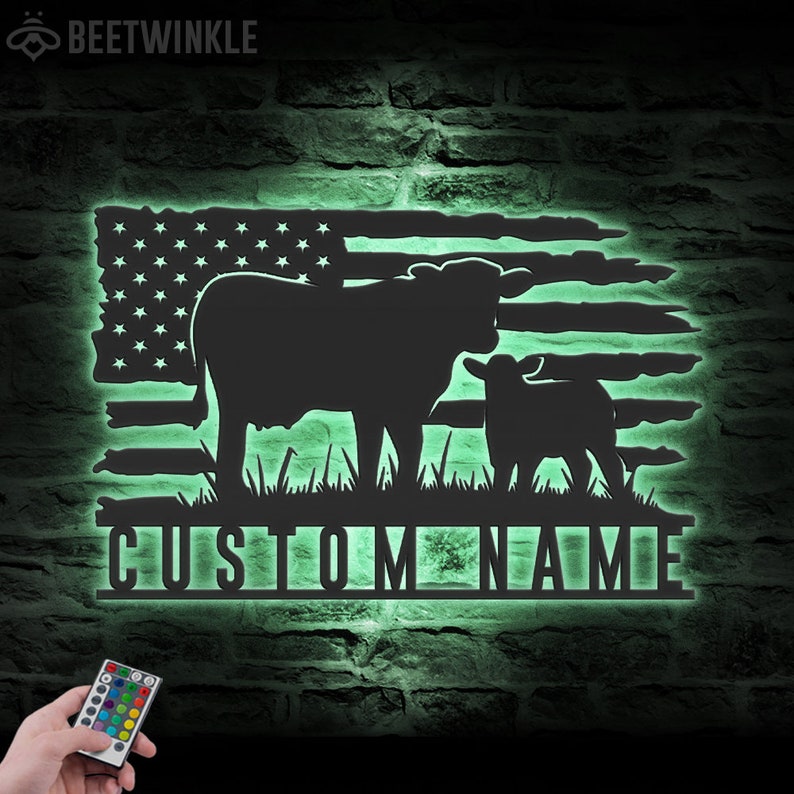 Custom US Flag Cow Farmhouse Metal Wall Art LED Light Personalized ...