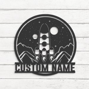 Custom Spaceship Metal Wall Art LED Light Personalized Rocket Name Sign ...