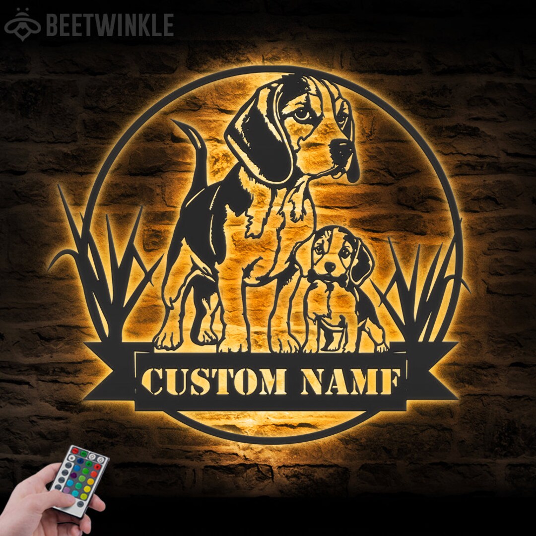 Custom Mom Child Beagle Metal Wall Art LED Light Personalized Dad Child ...