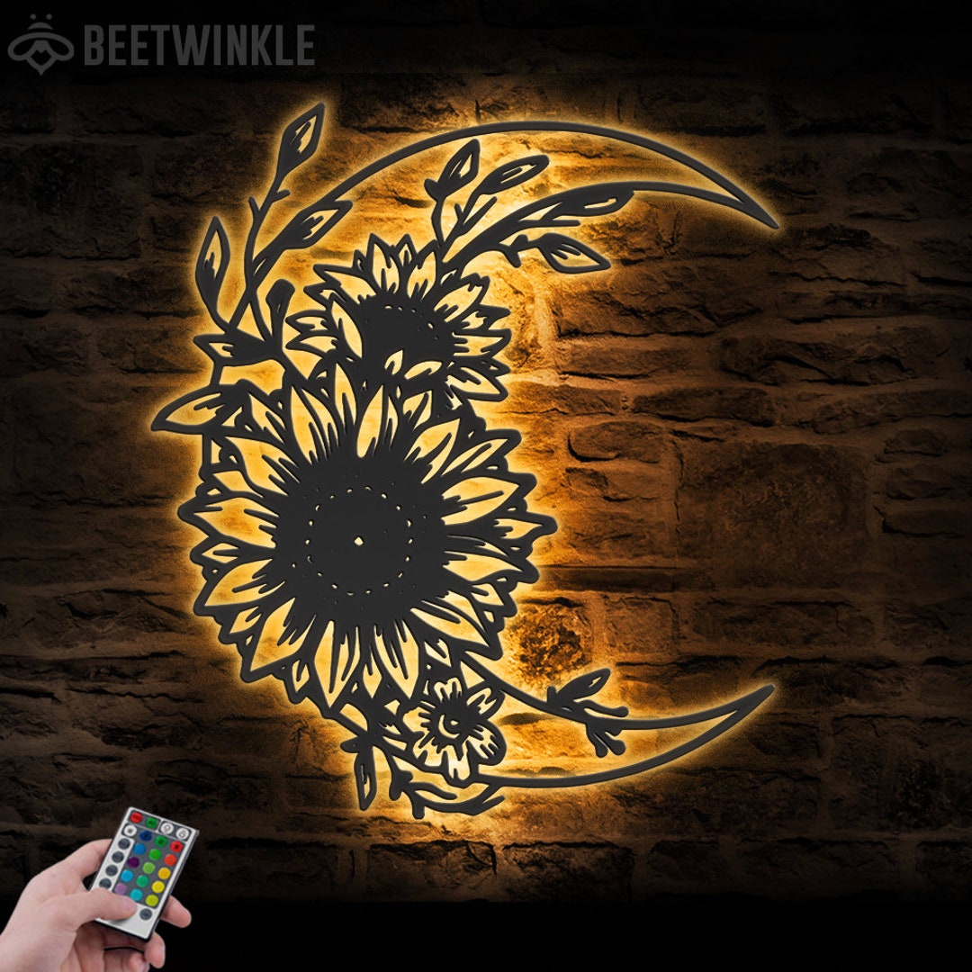 Sunflower Farmhouse Metal Wall Art LED Light Sunflower Moon Sign Home ...