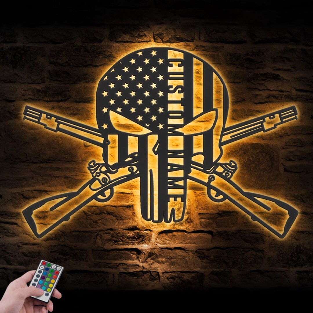 Custom US Punisher Skull Cross Rifles Metal Wall Art LED Light ...