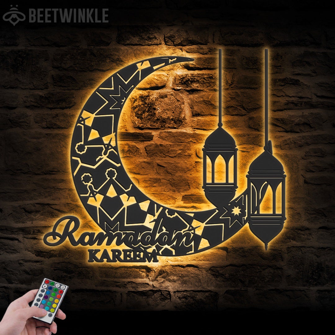 Ramadan Mubarak Moon Metal Wall Art LED Light Ramadan Moon Sign Home ...