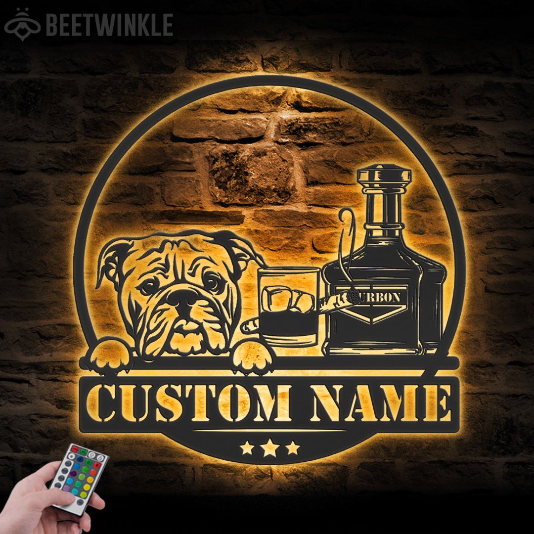 Custom Bourbon Cigar and Bulldog Metal Wall Art LED Light Personalized ...