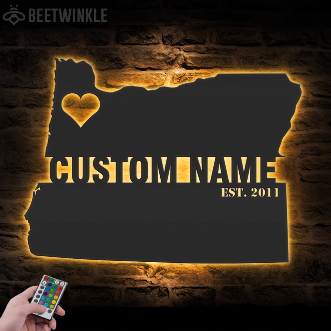 Custom Oregon Map Metal Wall Art LED Light Personalized Oregon State ...