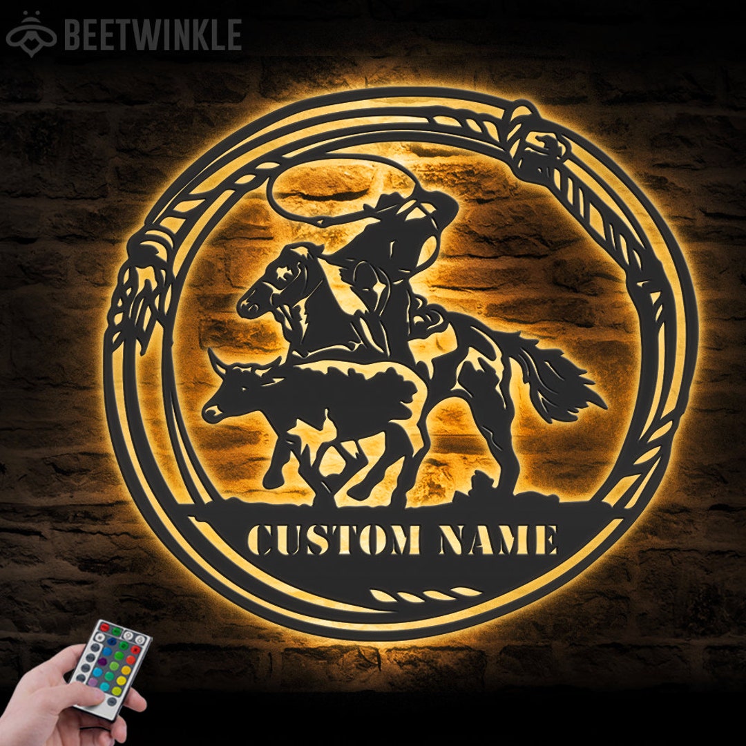 Custom Cowboy Roping Metal Wall Art LED Light Personalized Tie Down ...