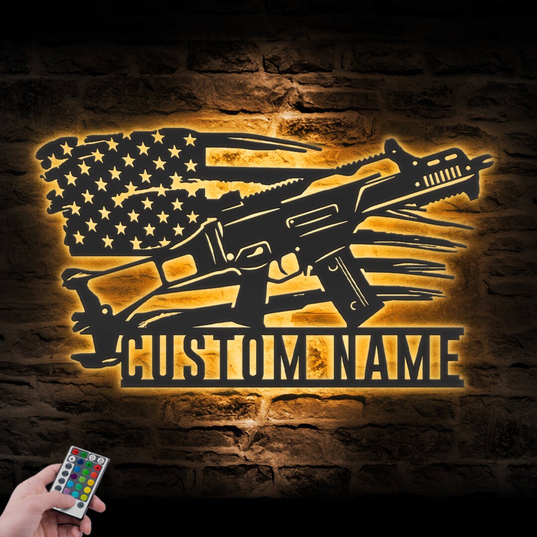 Custom Gun American Flag Metal Wall Art LED Light Personalized Second ...