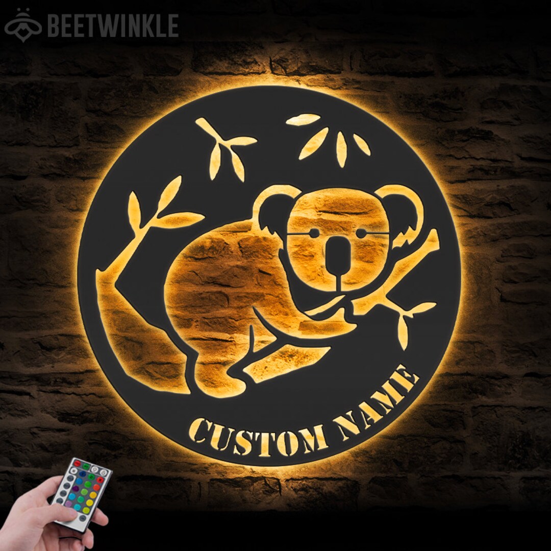 Custom Cute Koala Metal Wall Art LED Light Personalized Funny Lazy ...