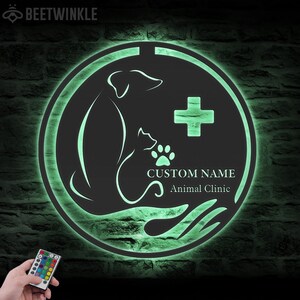 Custom Animal Clinic Metal Wall Art LED Light Personalized Vet Care ...
