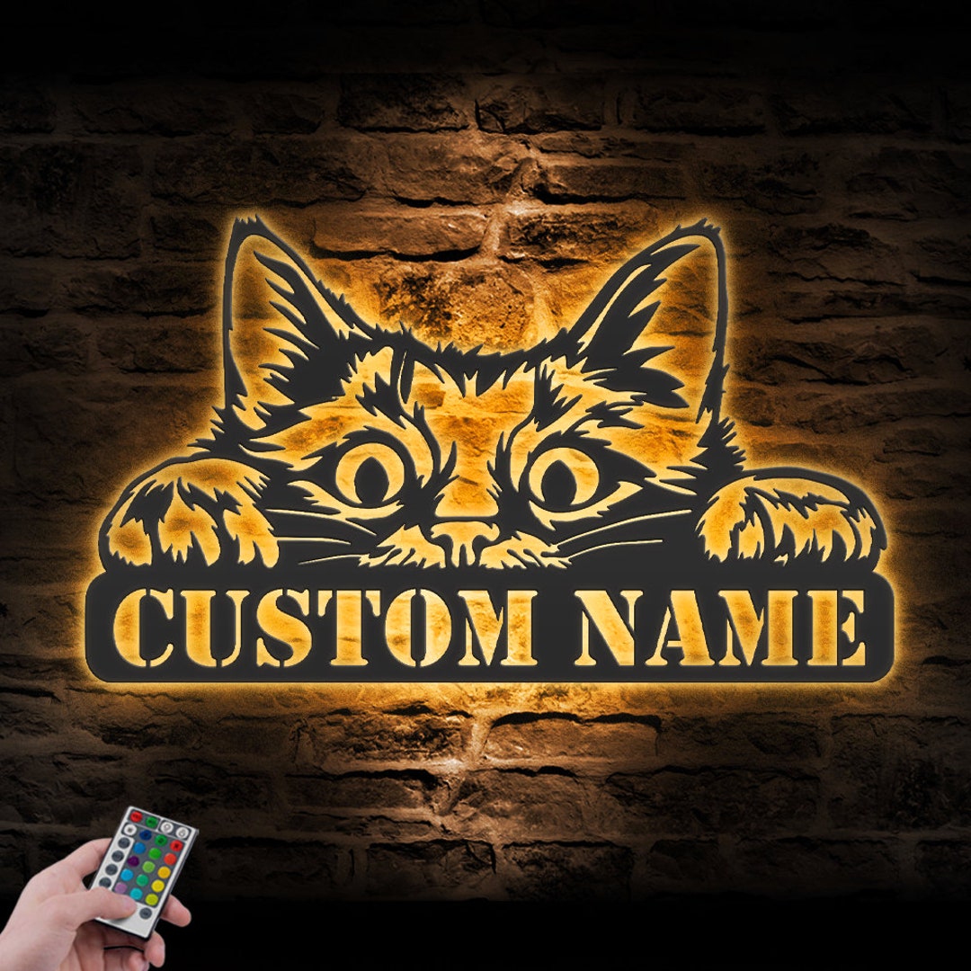 Custom Peeking Cat Metal Wall Art LED Light Personalized Funny Cat ...