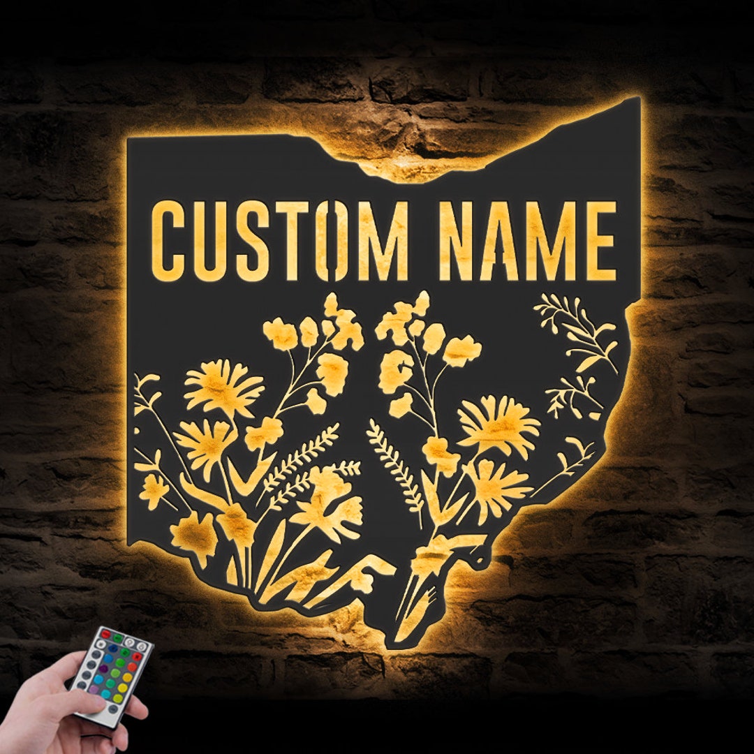Custom Wild Flower Ohio State Metal Wall Art LED Light Personalized ...