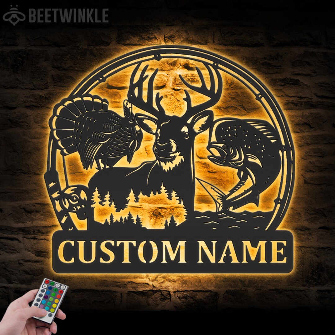 Custom Deer Turkey and Mahi Mahi Fishing Metal Wall Art LED Light ...