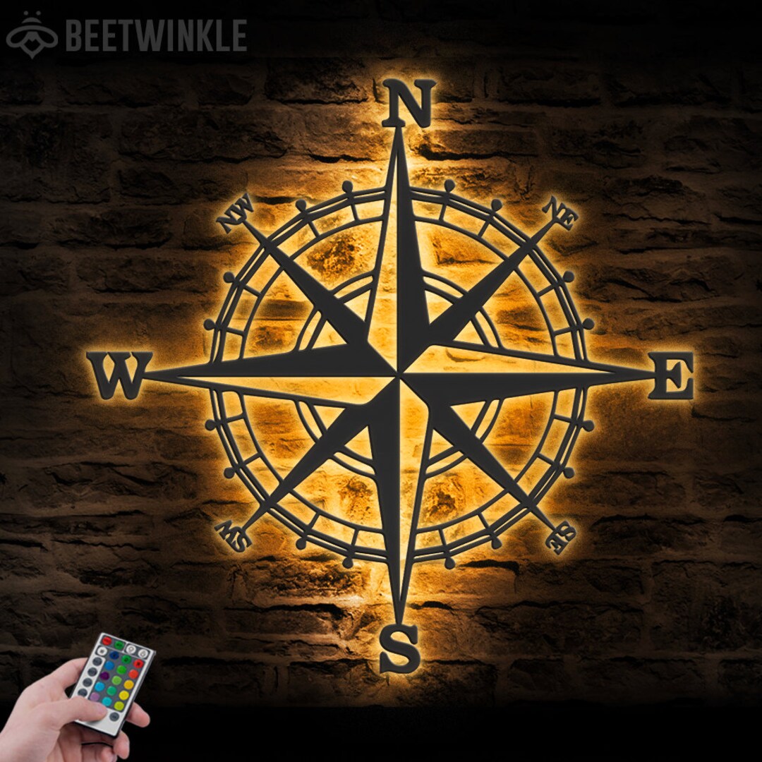 Nautical Compass Metal Wall Art LED Light Coordinates Sign Home Decor ...