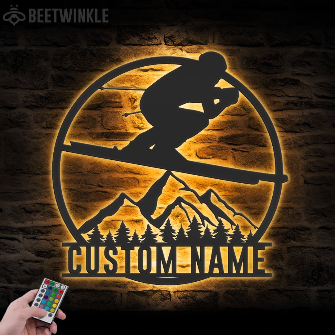 Custom Snow Skiing Winter Sport Metal Wall Art LED Light Personalized ...