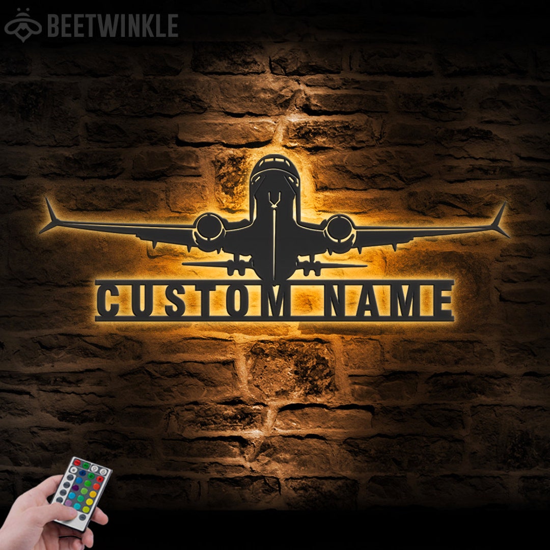 Custom Airplane Metal Wall Art LED Light Personalized Pilot Name Sign ...