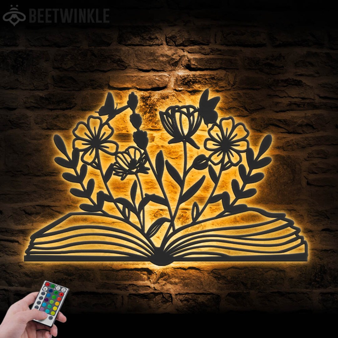 Floral Book Lover Metal Wall Art LED Light Flowers Book Sign Reading ...