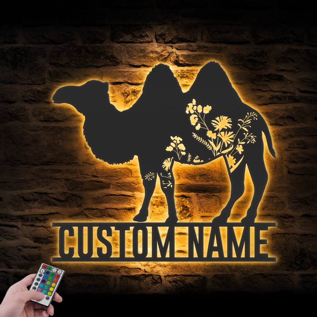 Custom Wild Flower Bactrian Camel Metal Wall Art LED Light Personalized ...