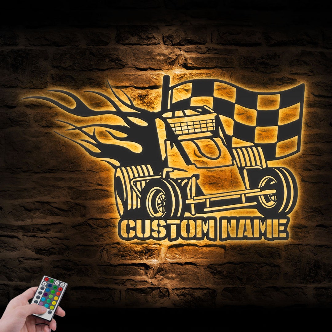 Custom Racing Flag Sprint Car Metal Wall Art LED Lights Personalized ...