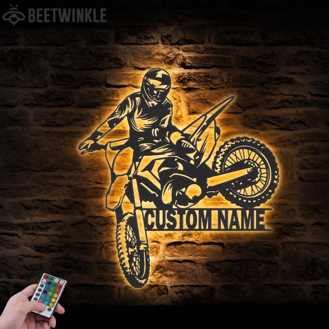 Custom Motocross Biker Metal Wall Art LED Lights Personalized Dirt Bike ...
