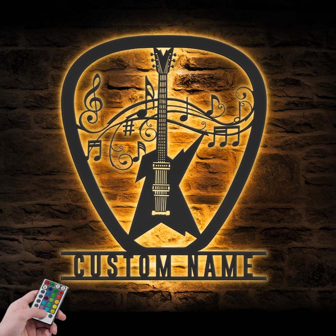Custom Guitar Pick Metal Wall Art LED Light Personalized Guitar Player ...