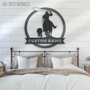 Custom Cowboy Cattle Roping Metal Wall Art LED Light Personalized Tie ...