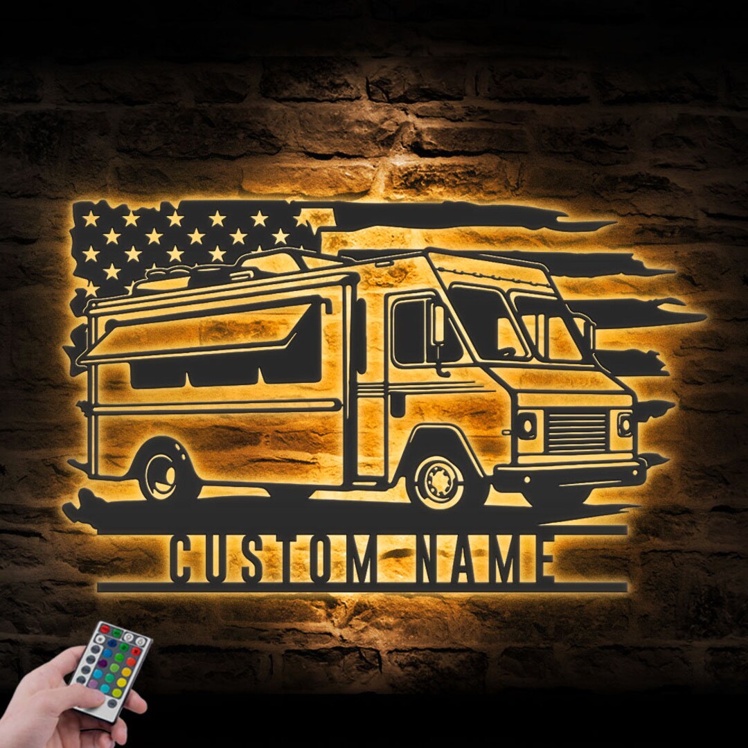 Custom Fast Food Truck US Flag Metal Wall Art LED Light Personalized ...