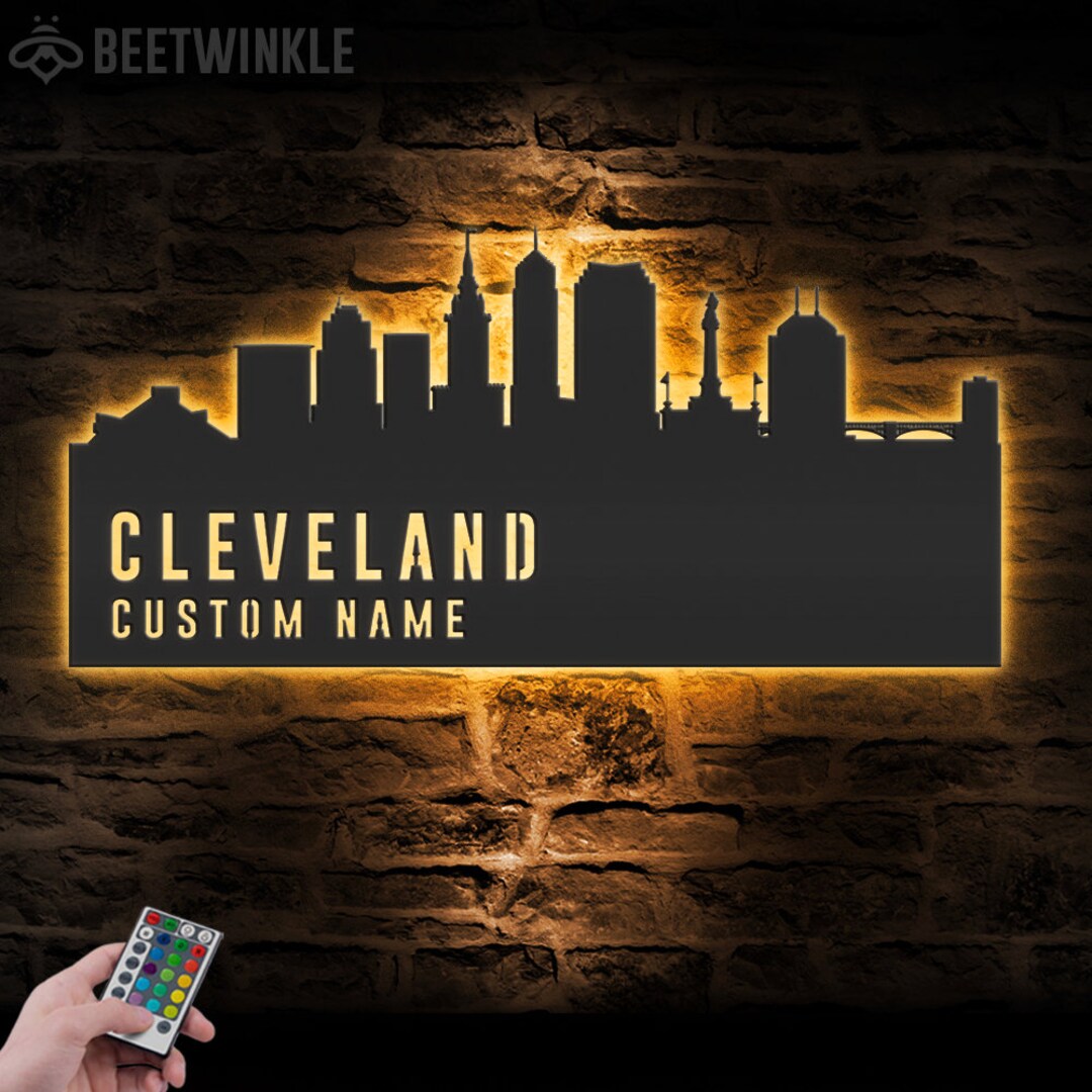 Custom Cleveland Skyline Metal Wall Art LED Light Personalized Ohio ...