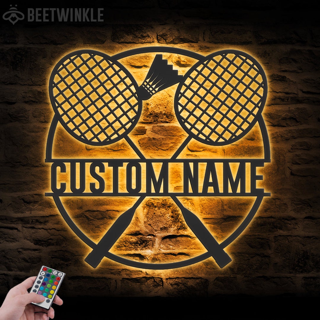 Custom Badminton Racket Metal Wall Art LED Light Personalized Badminton ...