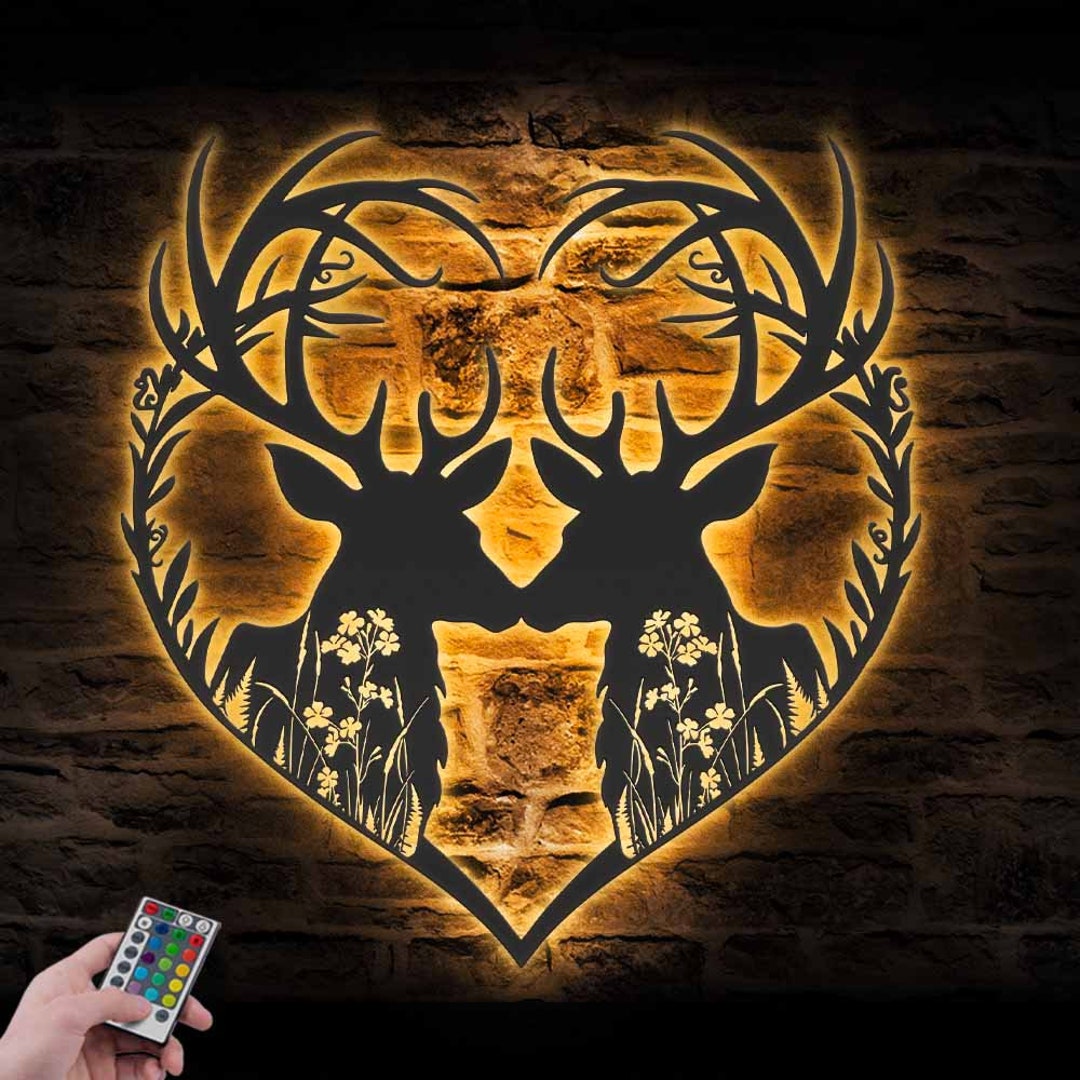 Wildflower Couple Deer Heart Love Hunting Metal Wall Art LED Light Wild ...