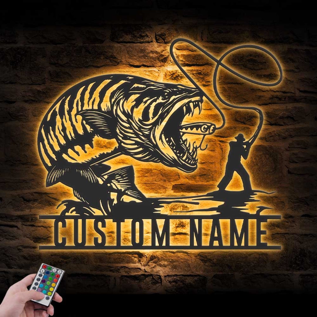 Custom Muskellunge Fishing Metal Wall Art LED Light Personalized Fisher ...