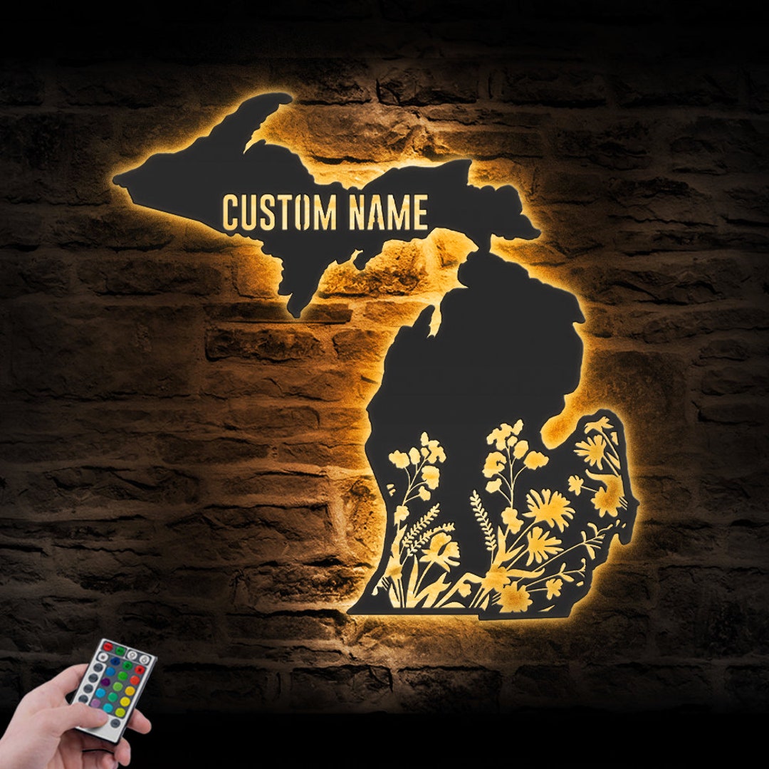 Custom Wild Flower Michigan State Metal Wall Art LED Light Personalized ...