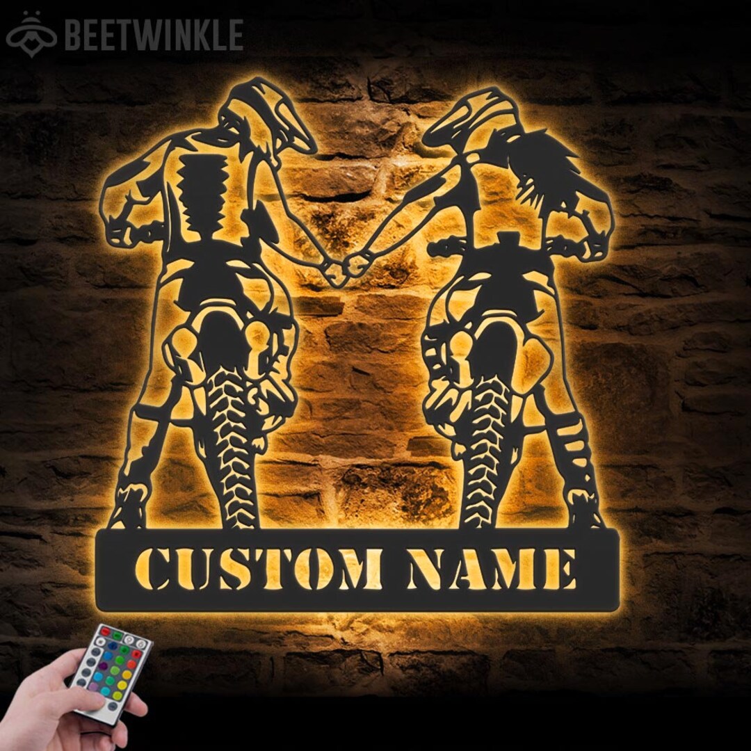 Custom Motocross Biker Couple Holding Hand Metal Wall Art LED Light ...