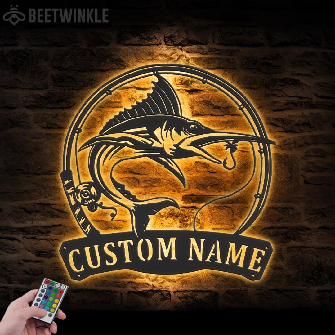 Custom Marlin Fishing Metal Wall Art LED Light Personalized Fisher Name ...