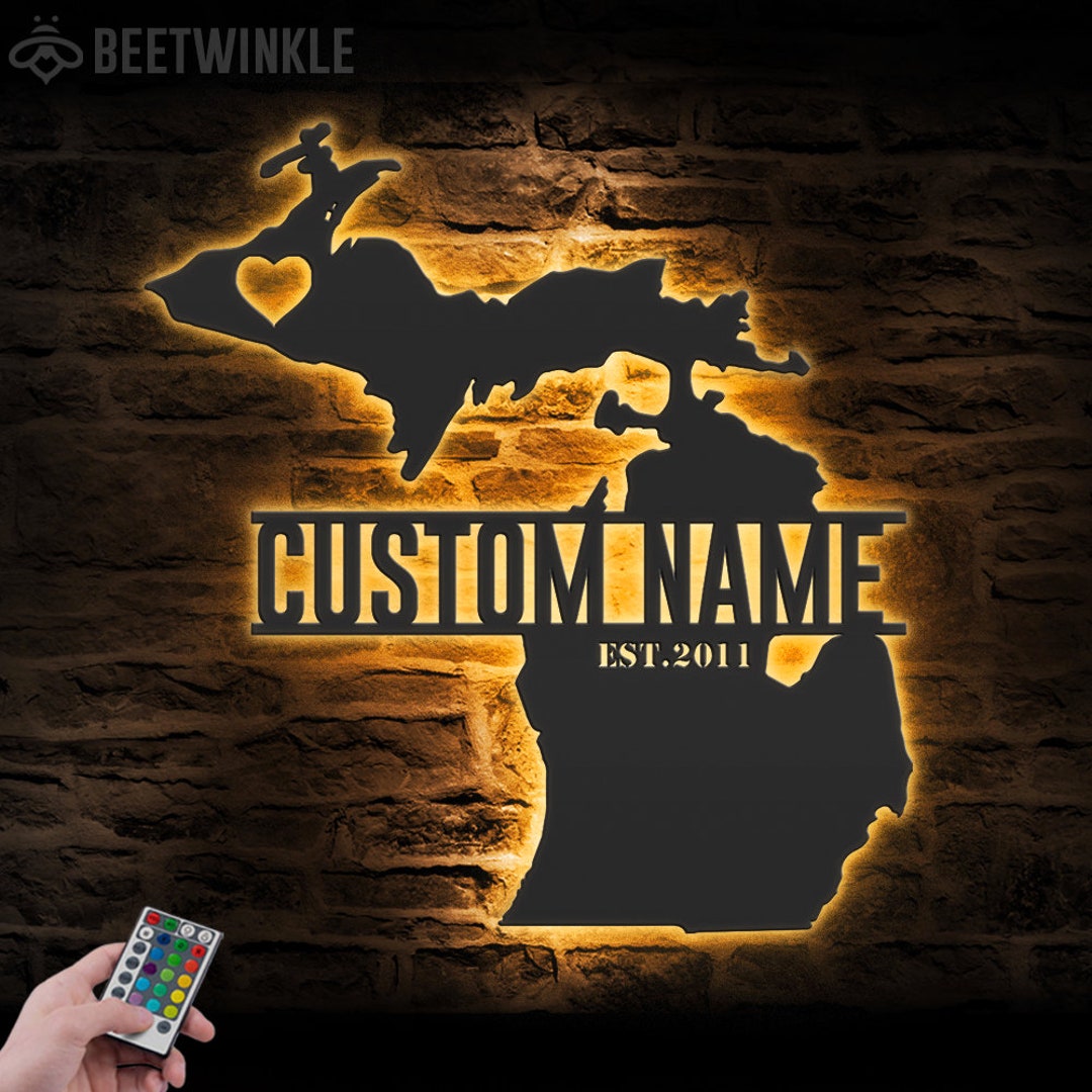 Custom Michigan Map Metal Wall Art LED Lights Personalized - Etsy