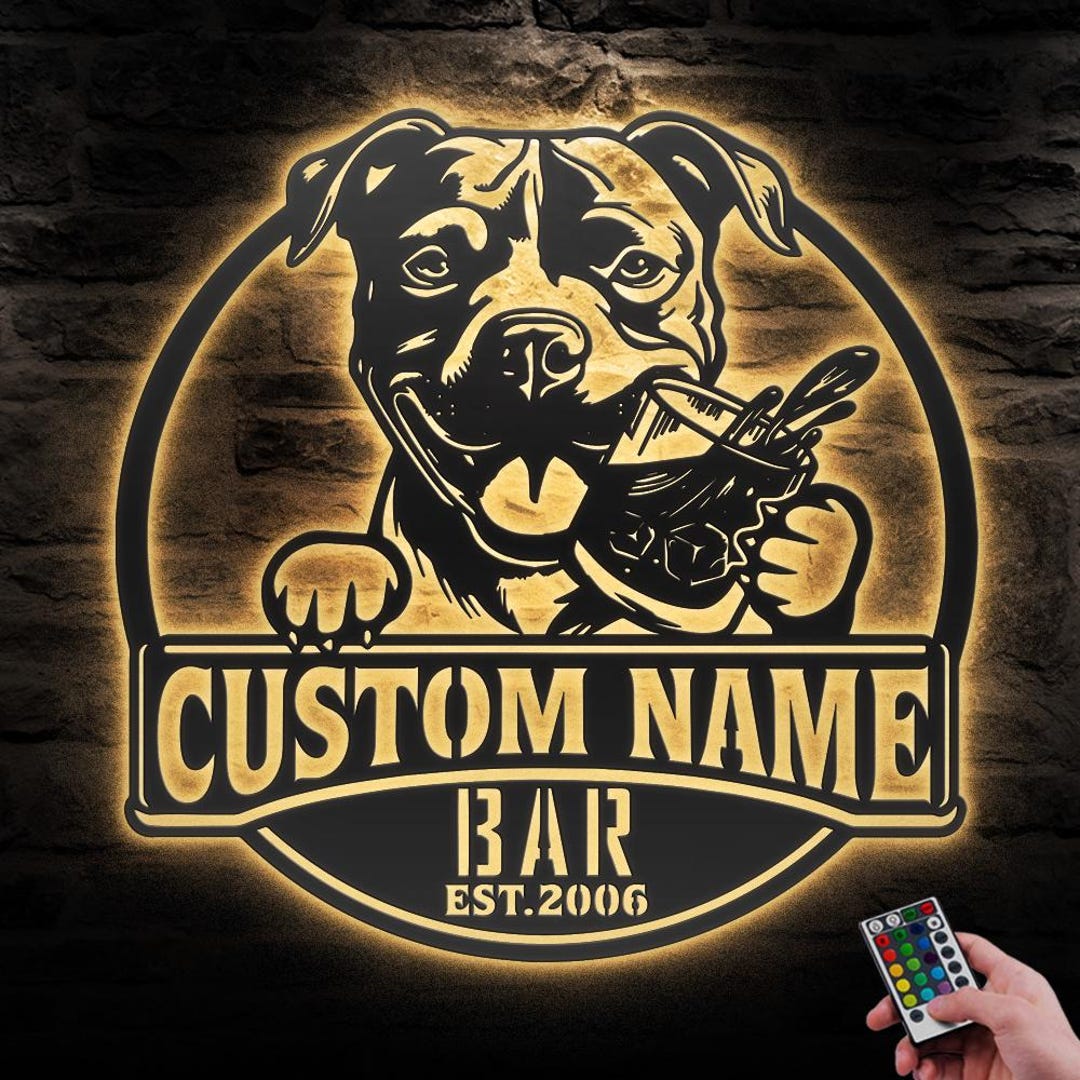 Custom Pitbull Bourbon Bar Metal Wall Art LED Light Personalized Home ...