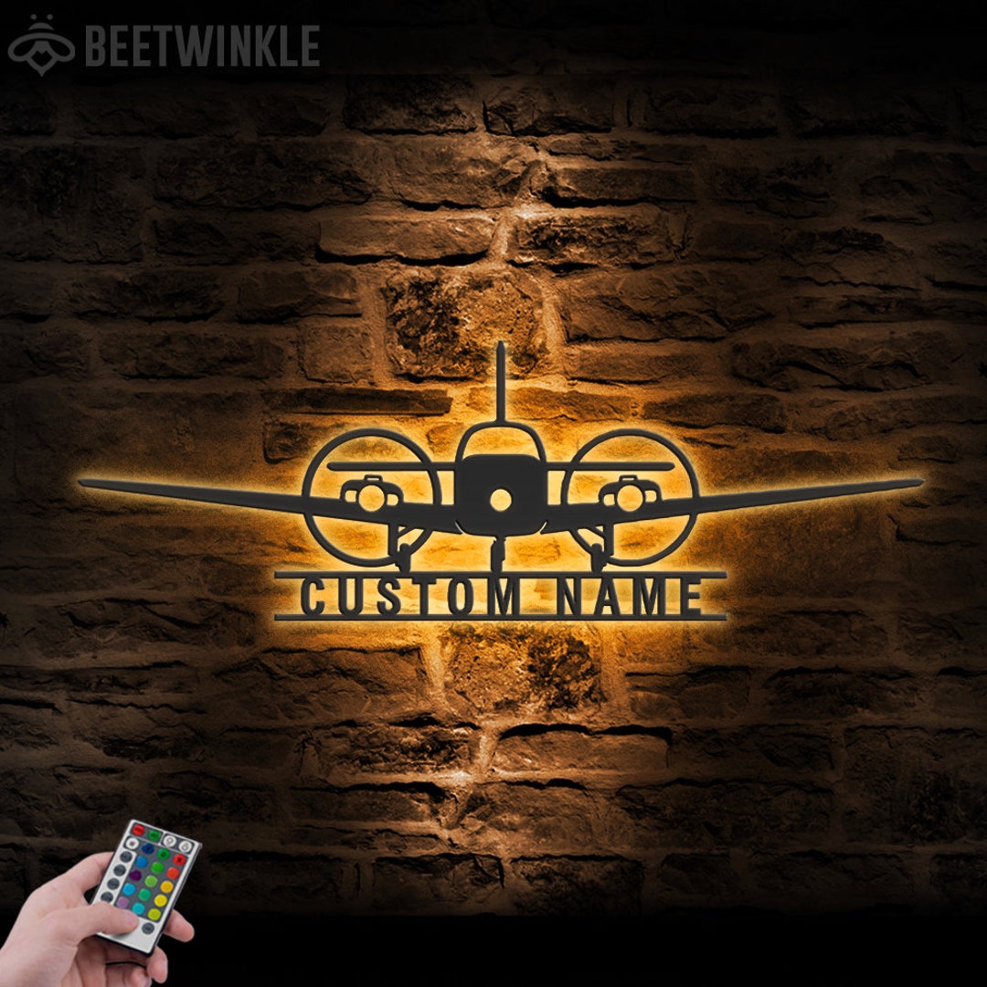 Custom Airplane Metal Wall Art LED Light Personalized Pilot Name Sign ...