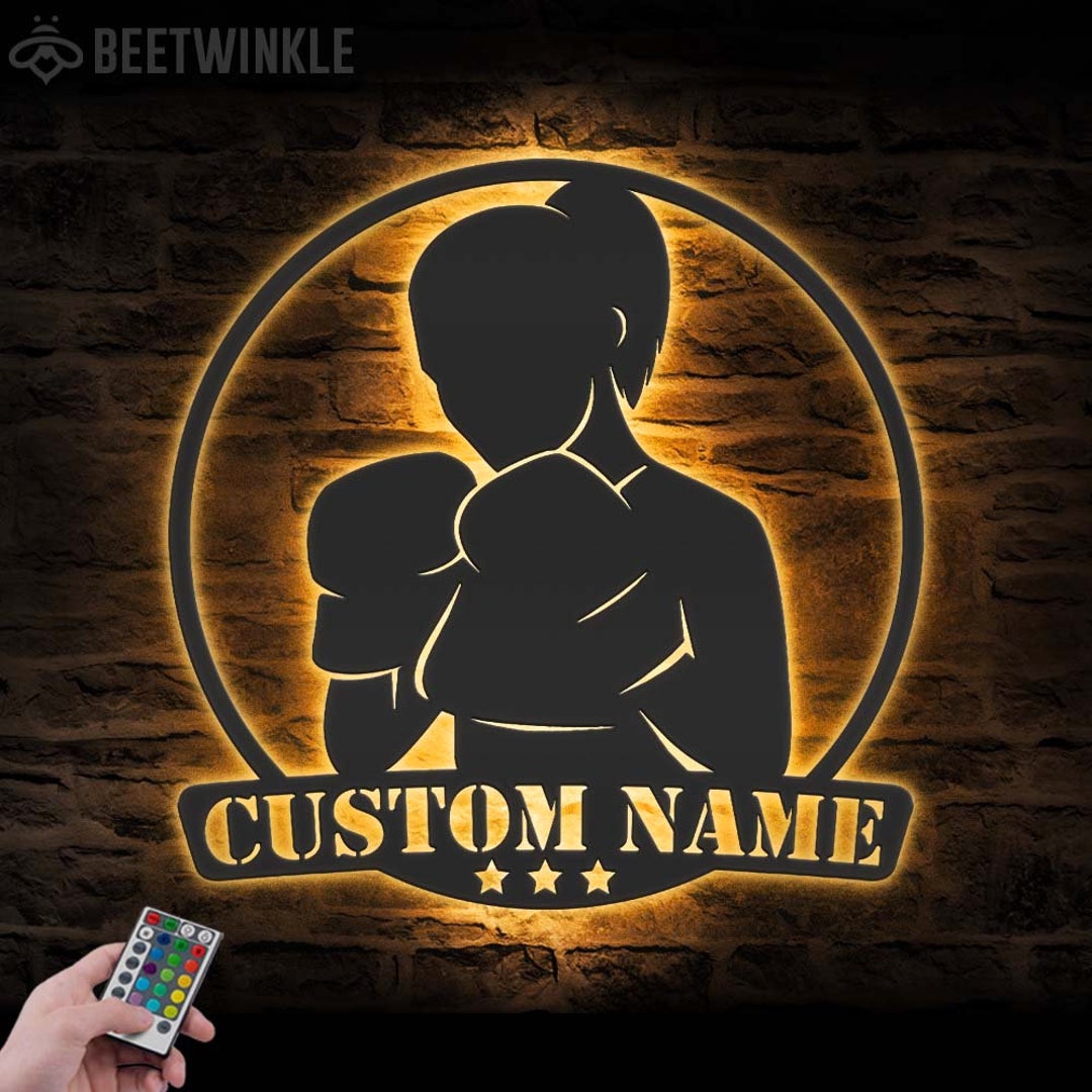 Custom Girl Boxing Metal Wall Art With LED Light Personalized Woman ...