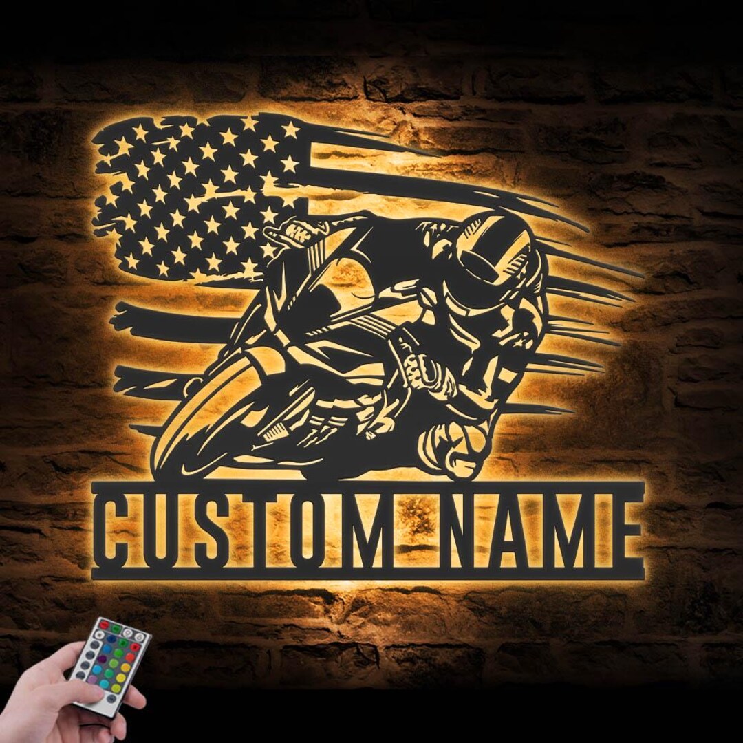 Custom Motorcycle US Flag Metal Wall Art LED Lights Personalized ...