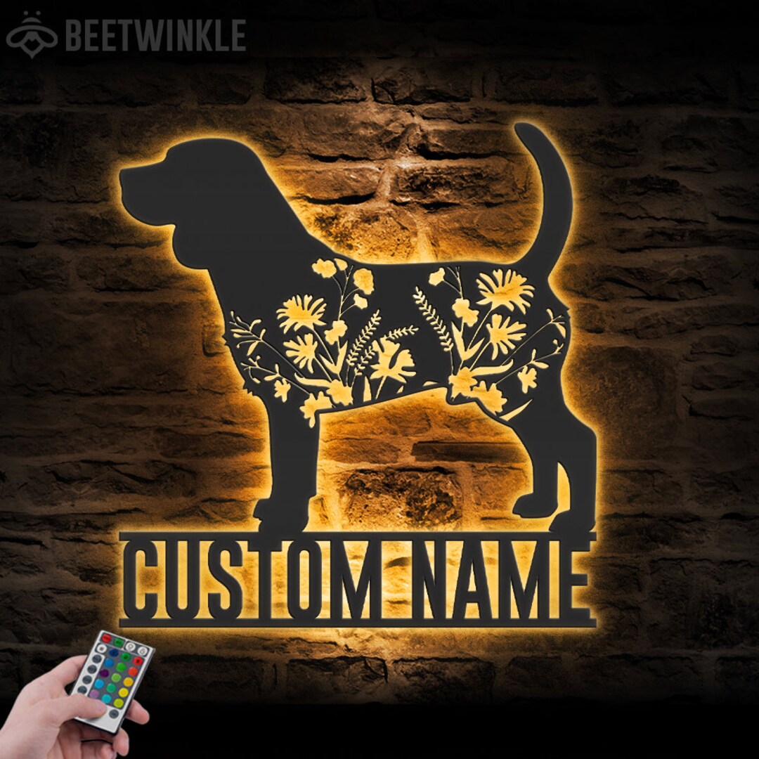 Custom Floral Beagle Metal Wall Art LED Light Personalized Wild Flower ...